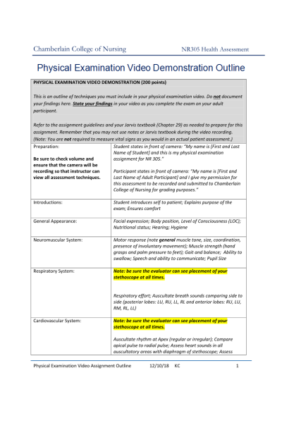 NR 305 Week 6 Assignment; Physical Examination Video Demonstration ... NR 305 Week 6 Assignment; Physical Examination Video Demonstration ...