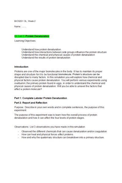 BIOS 251 Week 2 Lab; Protein Denaturation | Course Notes for Students BIOS 251 Week 2 Lab; Protein Denaturation | Course Notes for Students